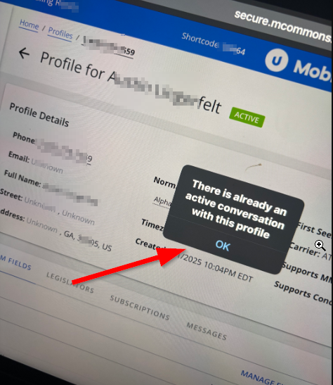 Mobile Commons: Getting an error that the user is in a different ...